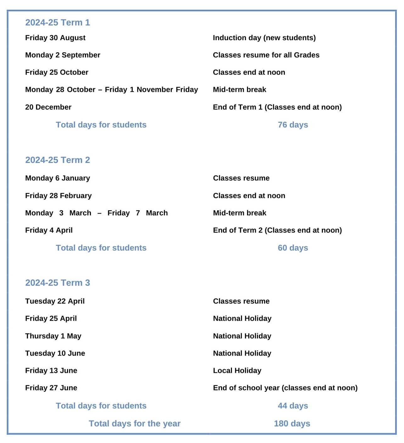 Calendar & Term Dates - St. Dominic's at St. Dominic's International School